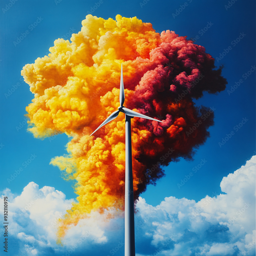 A large wind turbine is surrounded by a cloud of smoke. The smoke is ...