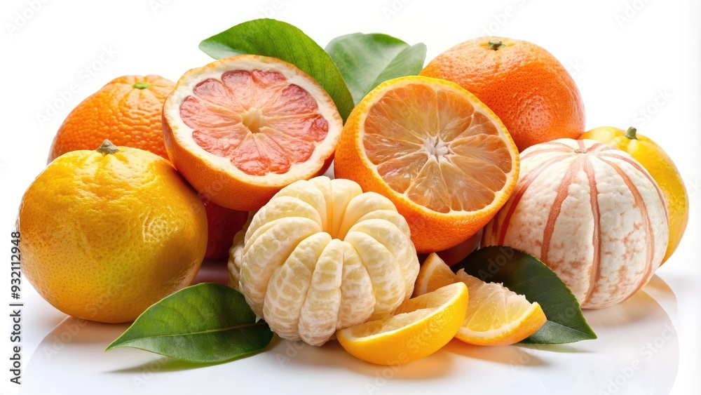 Freshly peeled citrus fruits, including oranges and grapefruits, reveal ...
