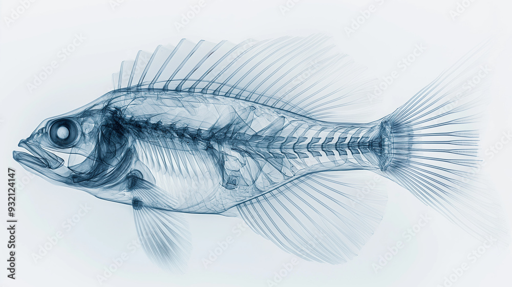 X-ray image of a fish, displaying its detailed skeletal structure and ...