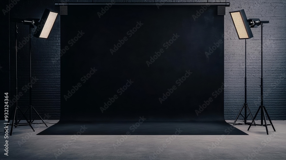 Dark, industrial photo studio environment with a black background and ...
