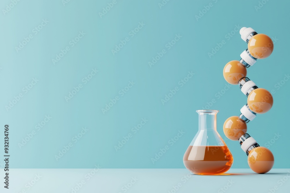 Innovative science concept featuring a flask and a molecular model on a ...