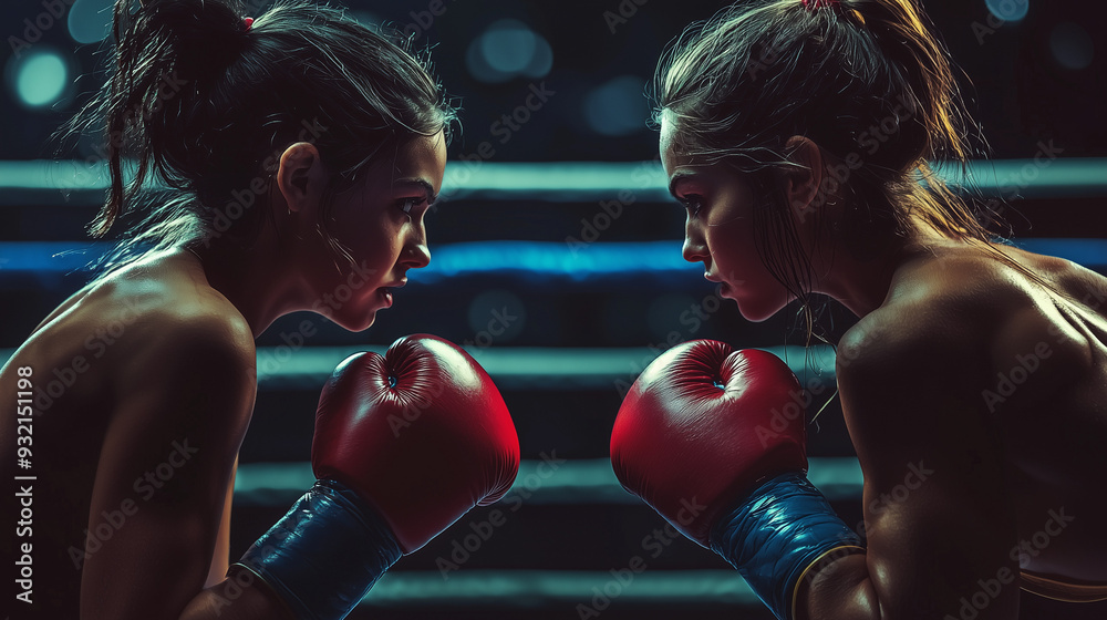 Two young girls in a boxing ring, facing each other, wearing red boxing ...