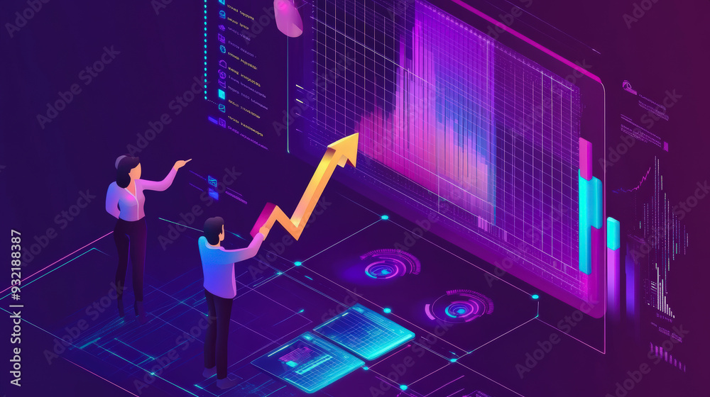 Two individuals analyze a glowing digital graph with a rising arrow, indicating growth, on a ...