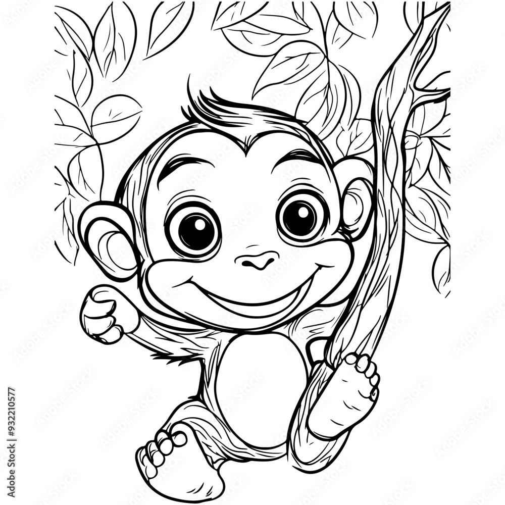 Coloring page for kids, a cute baby monkey hanging on a tree branch ...