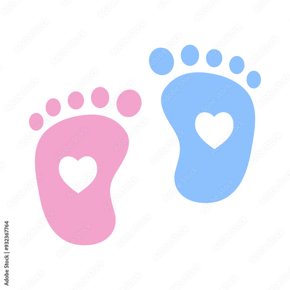 Newborn baby boy and girl footprint with heart shape. Childhood ...
