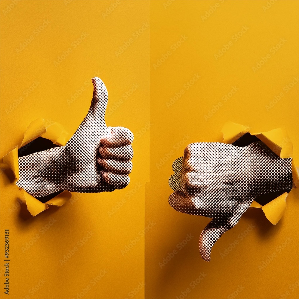 Halftone collage of a hand with thumbs up and thumbs down gestures ...