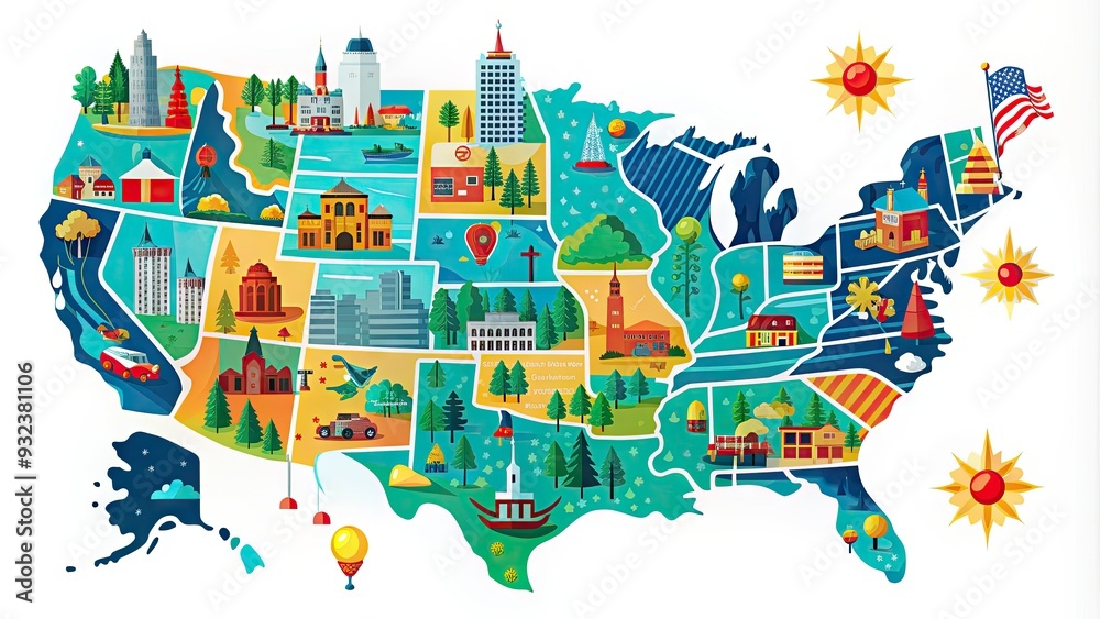 Illustrated vector map of America with bold lines, vibrant colors, and ...