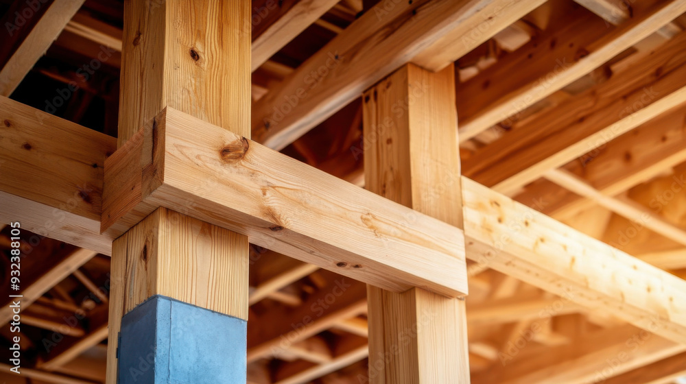 Detailed view of wooden beams in a construction framework, highlighting ...