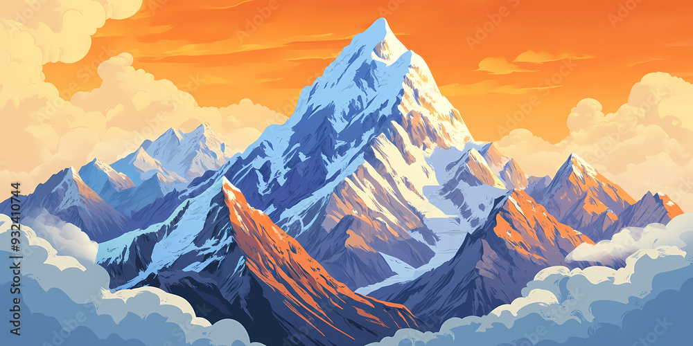 Adventurous cartoon illustration of the majestic Himalayan mountains ...