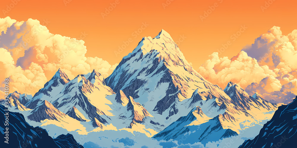 Adventurous cartoon illustration of the majestic Himalayan mountains ...
