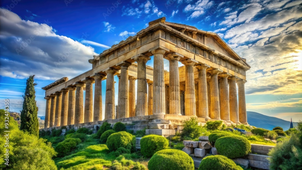 Majestic ancient Parthenon temple in Athens, Greece, standing proud amidst lush greenery, with ...