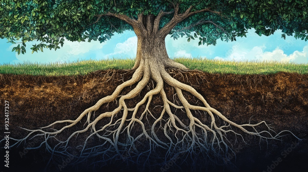 An artistic depiction of a tree's underground roots, showing their ...