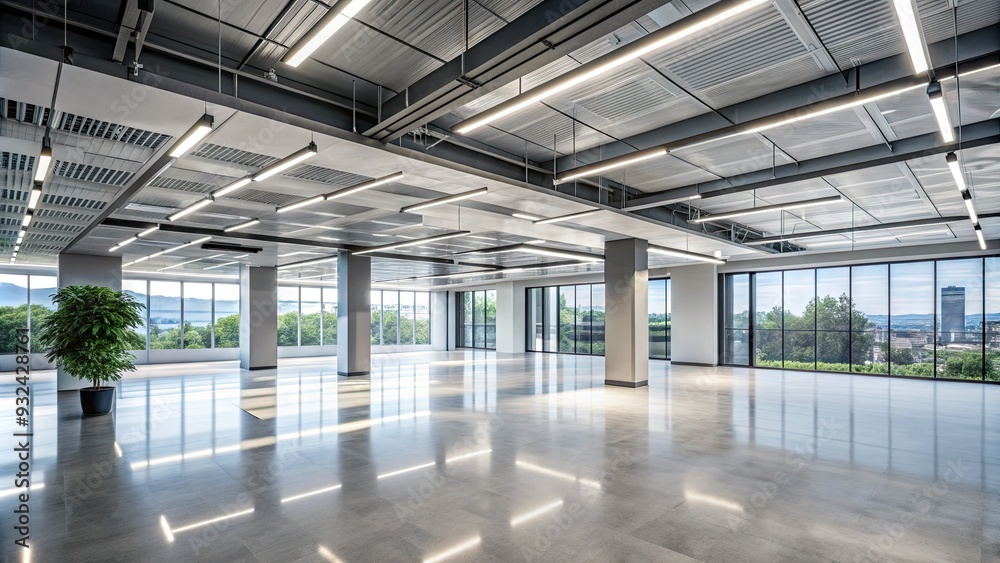 Modern empty office building with open ceiling design, sleek concrete ...