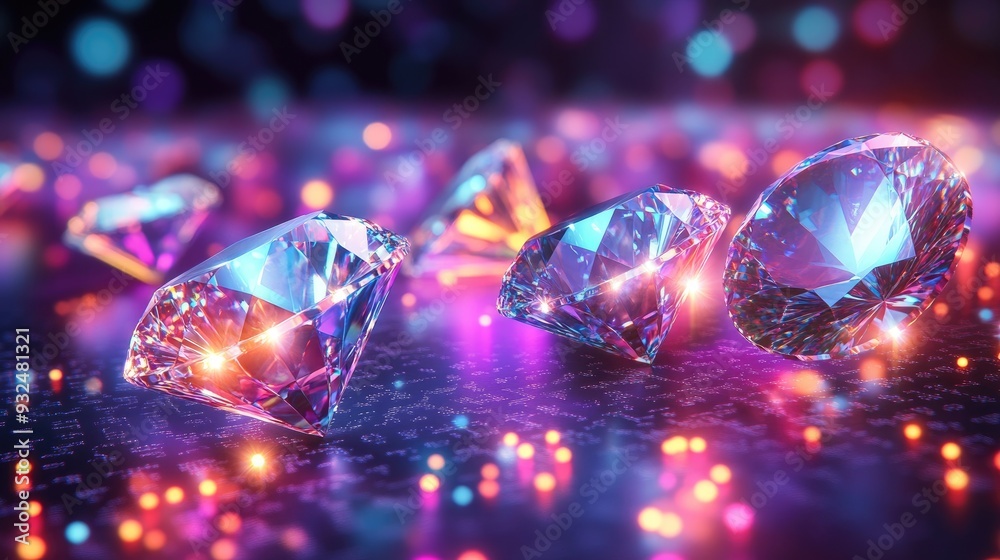 Different diamond types falling over neon dots landscape, paradise ...