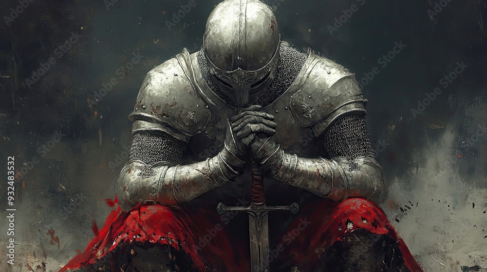A Knight in Full Armor Kneeling with a Sword praying Stock Photo ...