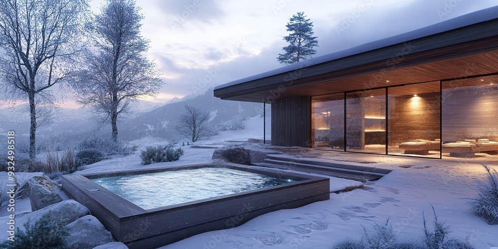 Modern winter spa resort with a heated outdoor hot tub, offering ...
