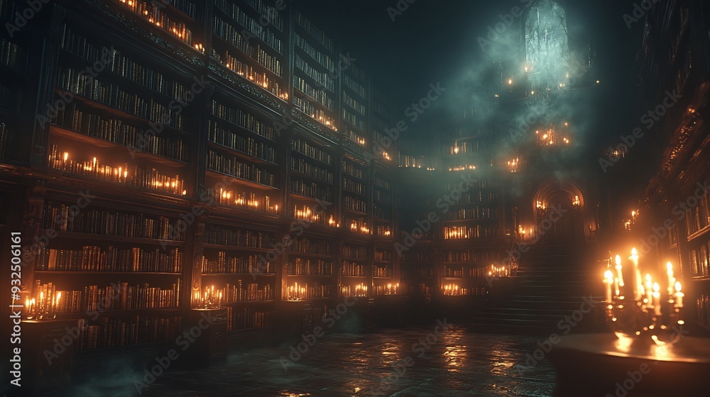 Halloween card featuring ancient library floating glowing books shadowy ...