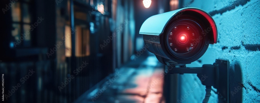 CCTV camera with night vision, infrared glow, dark alley, heightened ...