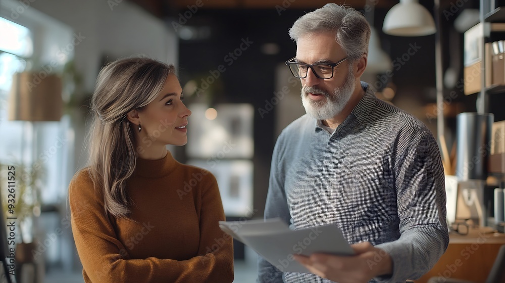 Interior designer giving advice to client selecting design elements for ...