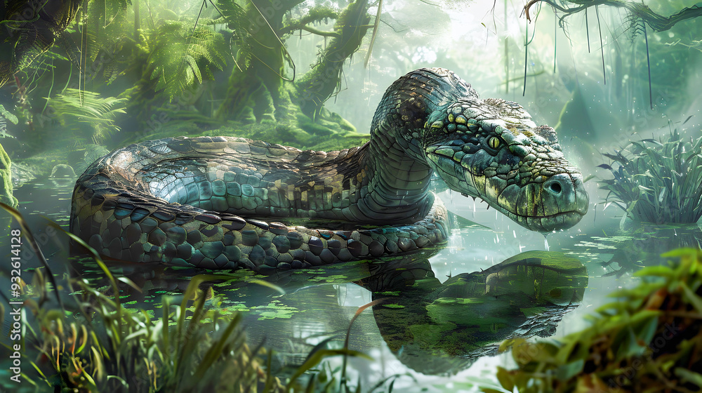 Colossal Prehistoric Serpent Prowling in Lush Jungle Swamp Giant ...