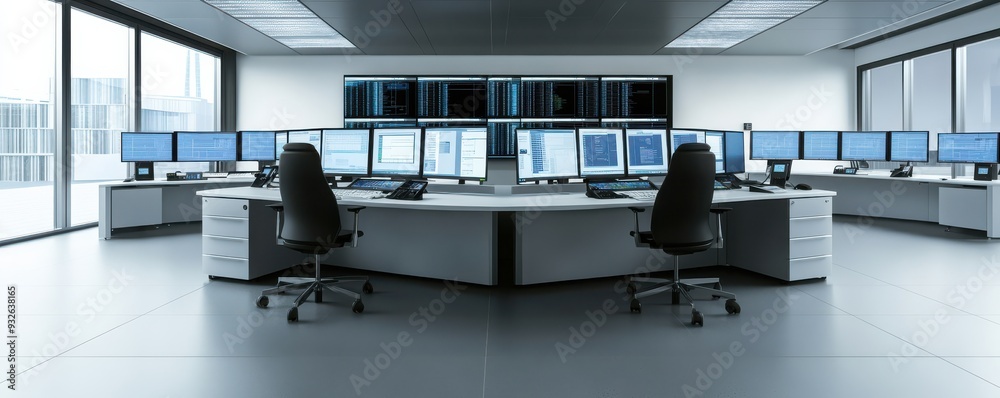 Modern control room with multiple screens, chairs, and a sleek ...