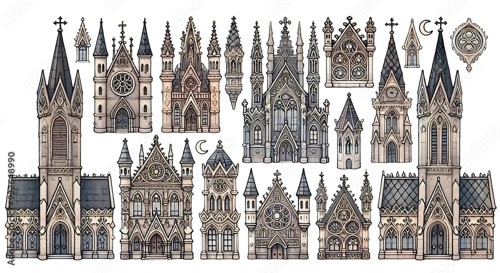 Watercolor cartoon clipart outlines of various types of Gothic ...