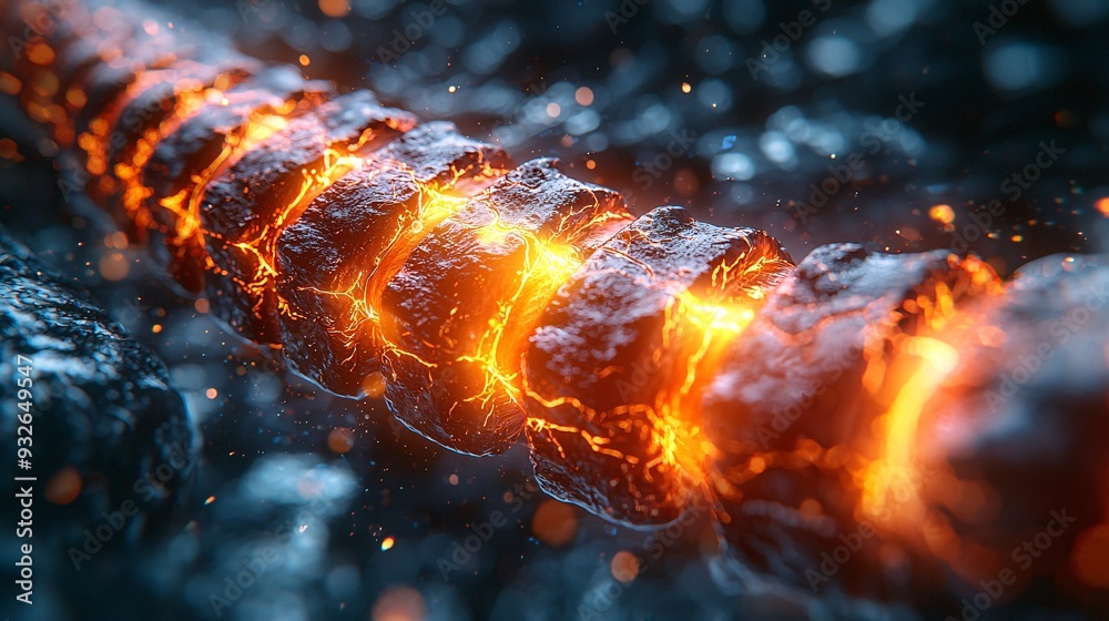 A glowing red herniated disc in the spine, with nerves around it shown ...