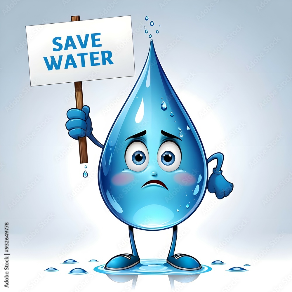 Cartoon illustration of a water drop character holding a placard and ...