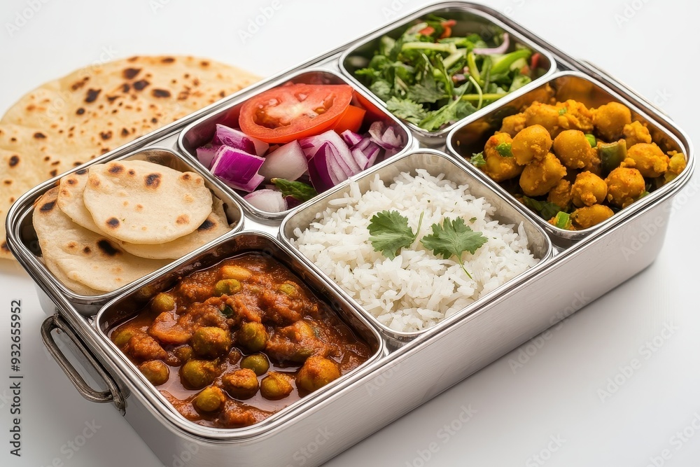 Vegetarian Indian lunch box with stainless steel containers for office ...
