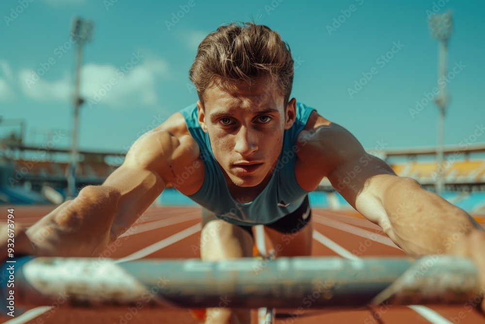 Male pole vaulter with pole bar on starting line Men in athletic ...