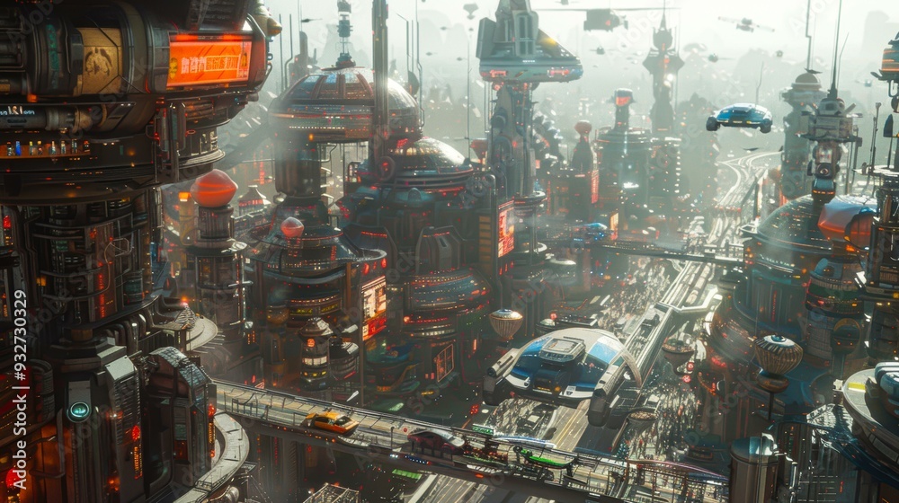 Futuristic cityscape showcasing advanced architecture, flying cars, and ...