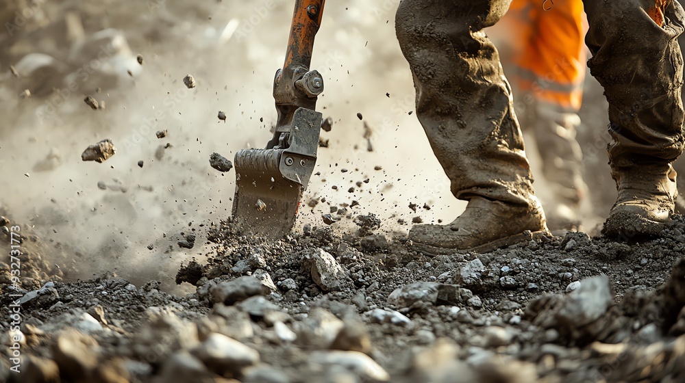 Thai construction workers using a jackhammer to break up concrete, with ...
