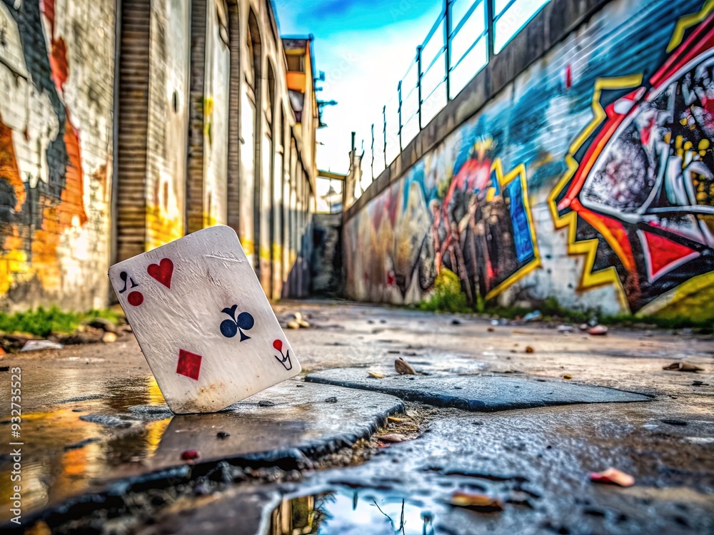 gritty urban setting of a worn playing cards deck on a graffiti-covered ...