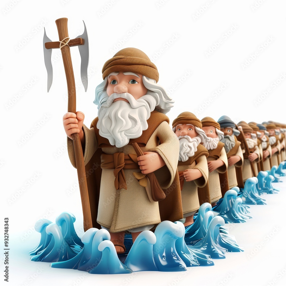 Cartoon 3D Moses leading the Israelites through the Red Sea scene ...