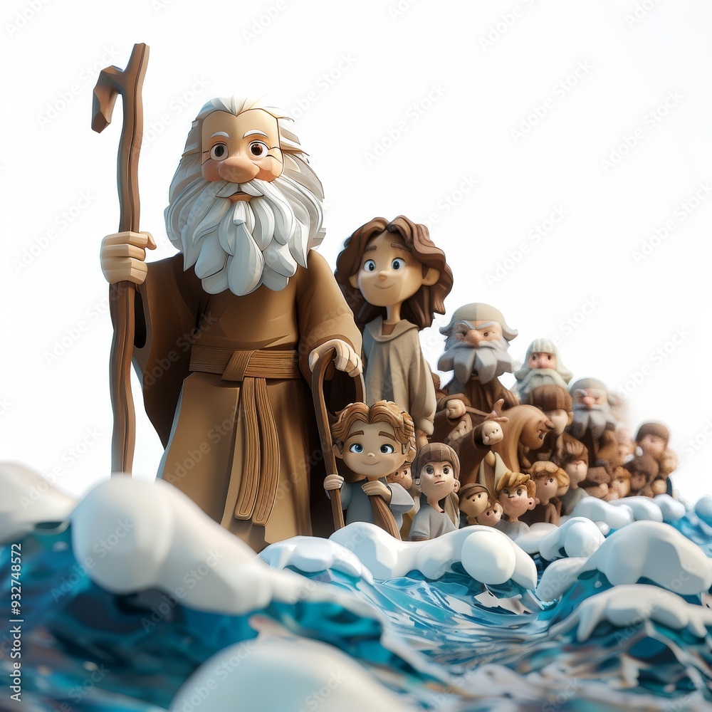 Cartoon 3D Moses leading the Israelites through the Red Sea scene ...