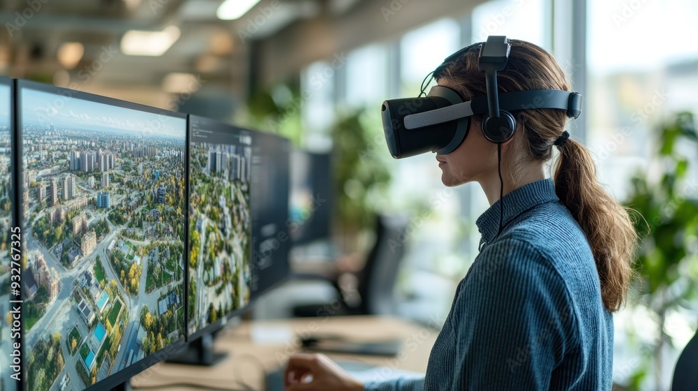 A sustainability engineer using virtual reality to visualize and plan eco-friendly ...