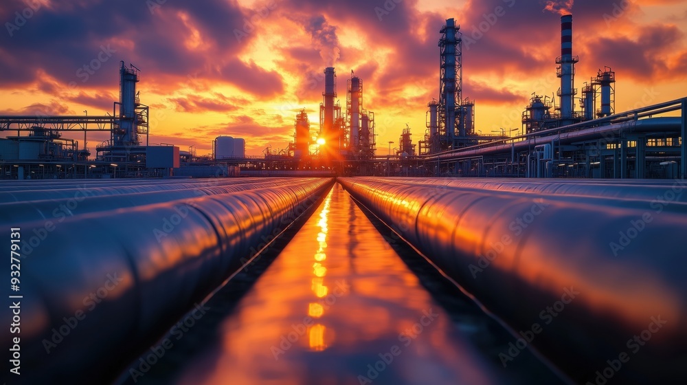 Pipeline leading to oil refinery at sunset. Perspective shot of a ...