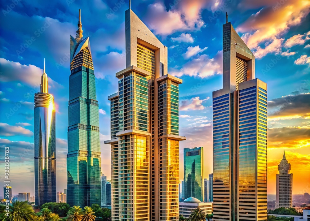 * Panoramic view of Dubai's iconic Jumeirah Emirates Tower, revealing ...