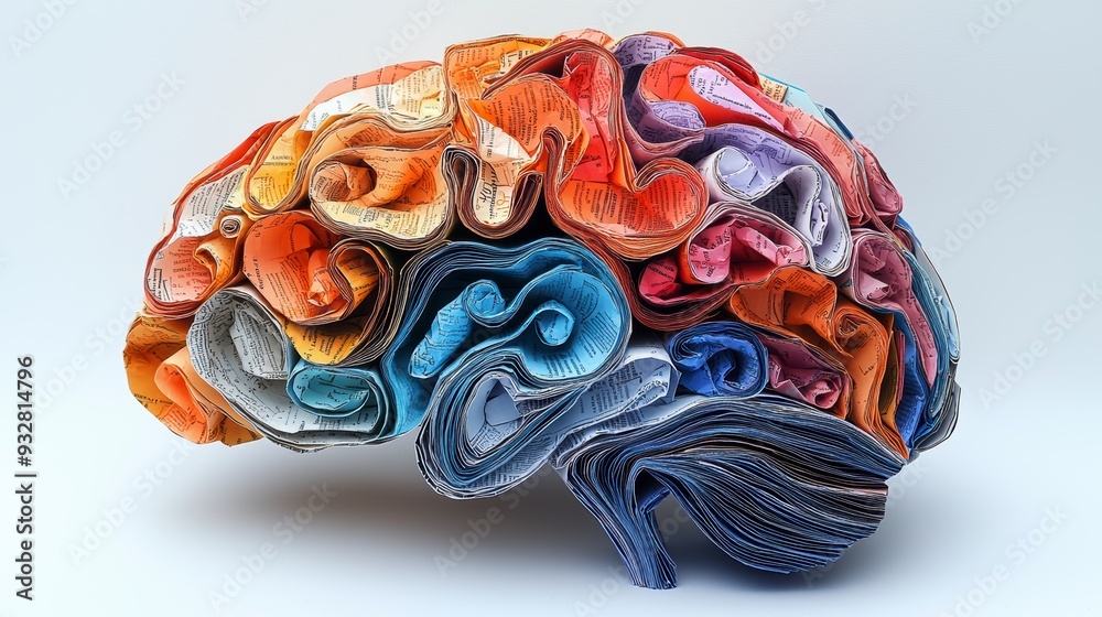 The colorful paper brain made from newspaper pages symbolizes the ...