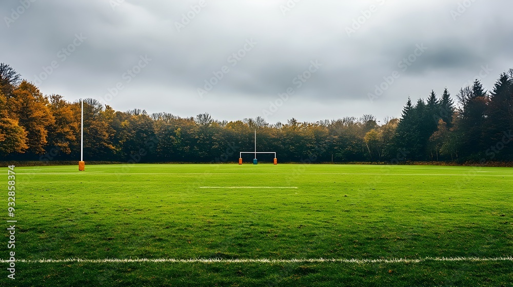 A green rugby field with tall goalposts ready for an intense match ...