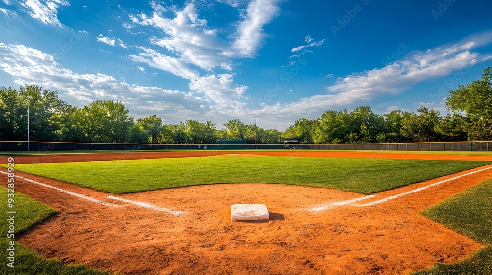Foto de Stock Perfectly manicured softball field with bases pitching ...