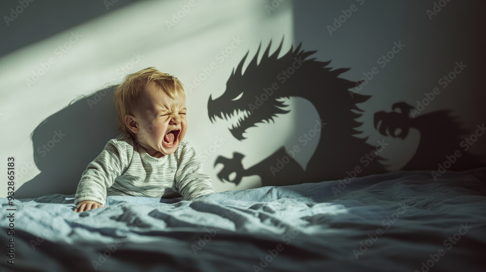 Little scared kid crying on bed in dark room because of nightmare ...