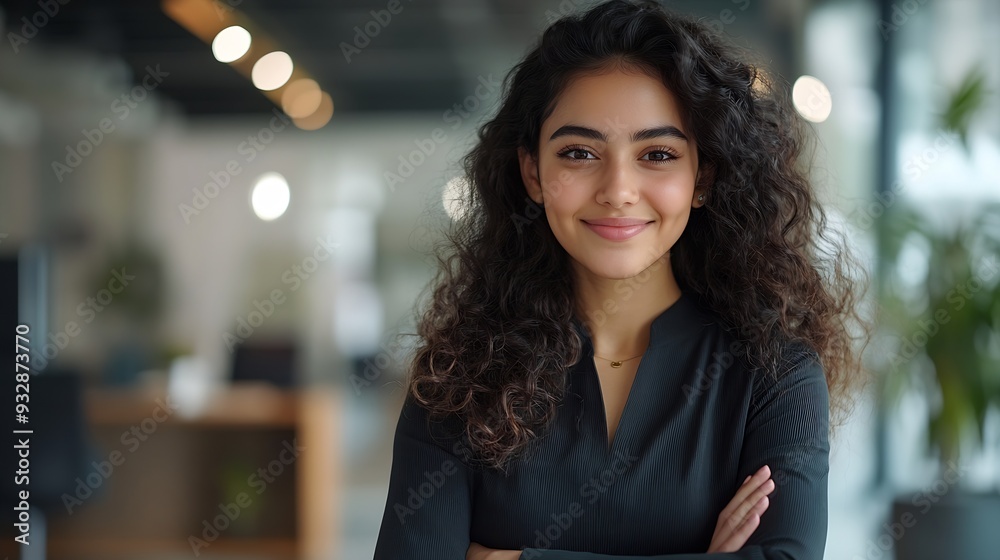 Indian curly hair young adult gen z smiling cute corporate girl ...