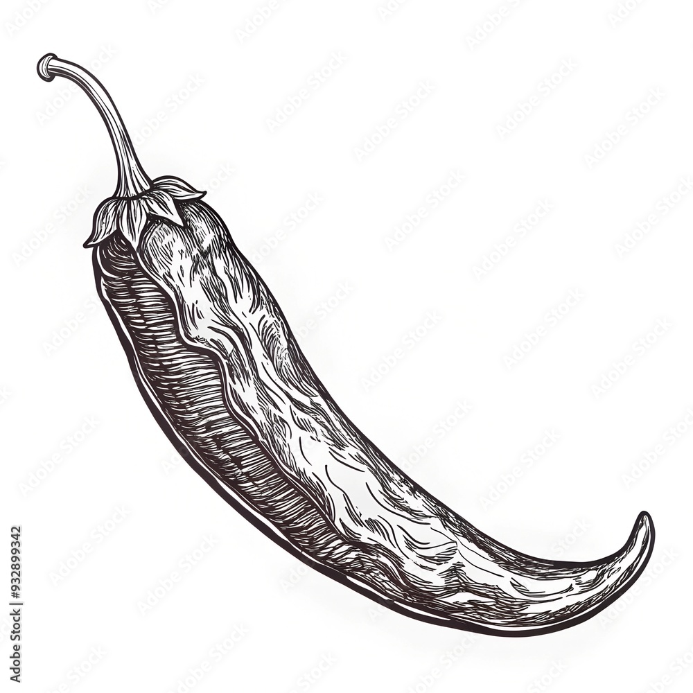 Highly Detailed Monochromatic Botanical Illustration of Hot Pepper ...