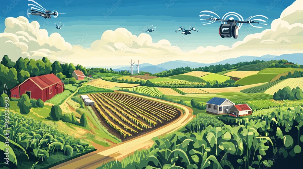 An illustration depicting a smart farm with IoT sensors strategically ...