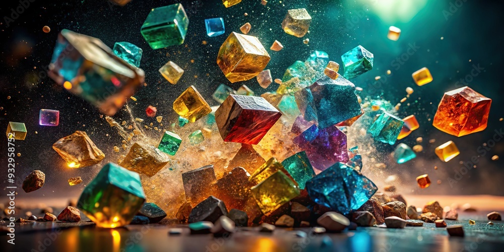 Beryl mix minerals suspended in mid-air, frozen in dramatic, high-speed ...