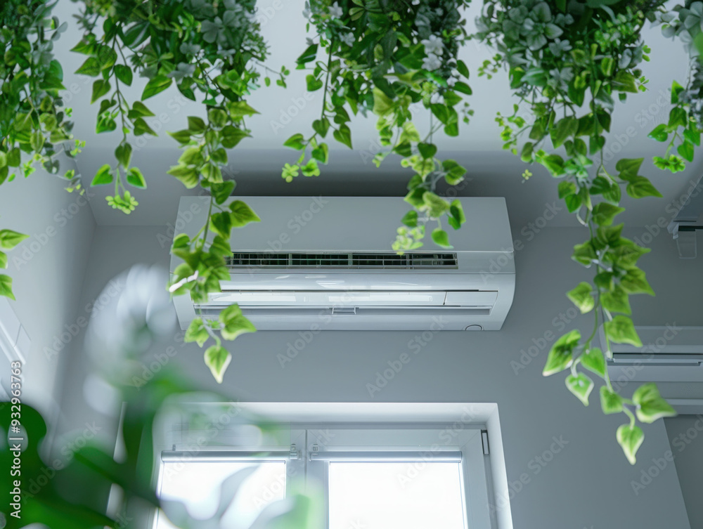 Air conditioning unit with green plants hanging from ceiling, creating ...