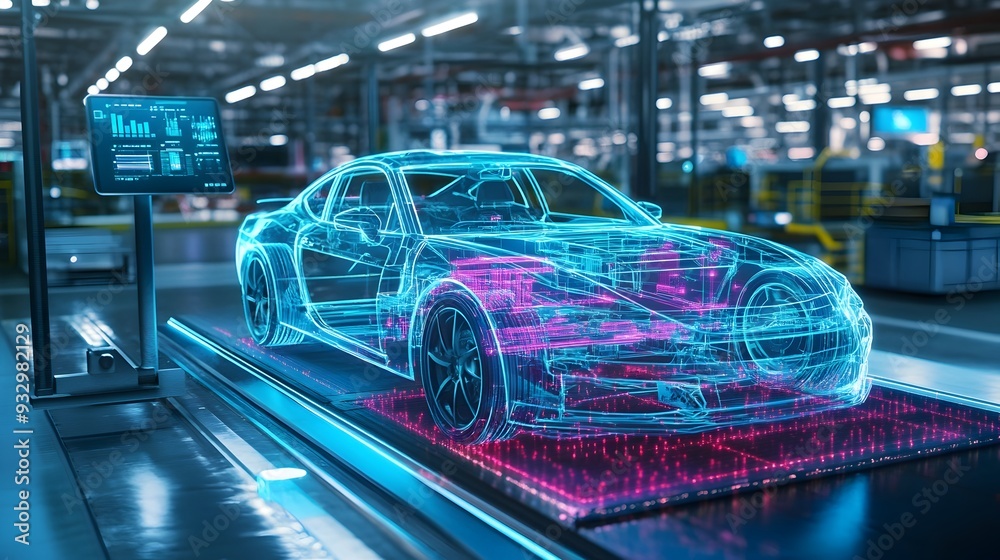 Ilustrace Automotive Digital Twin A digital twin of a car being tested ...