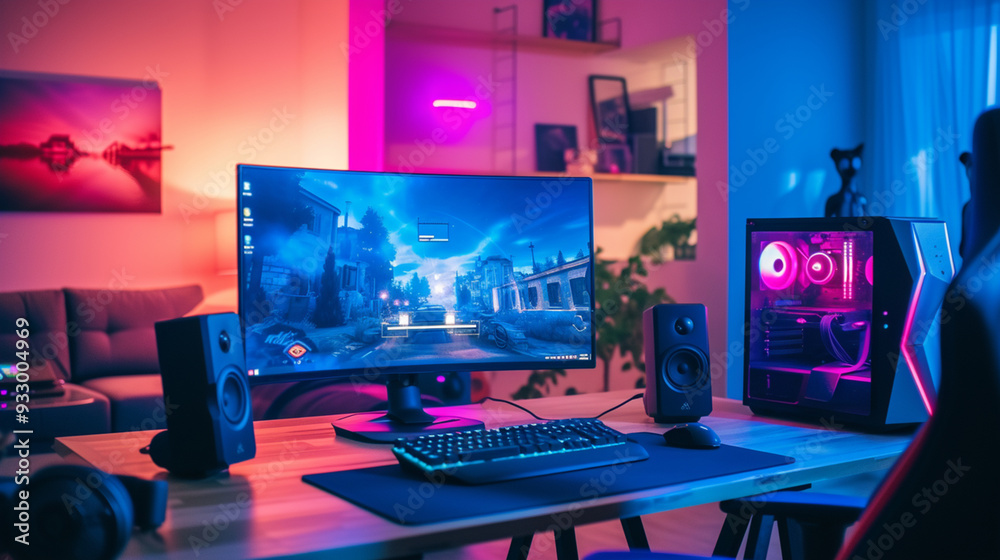 Powerful Personal Computer Gamer Rig with First-Person Shooter Game on ...