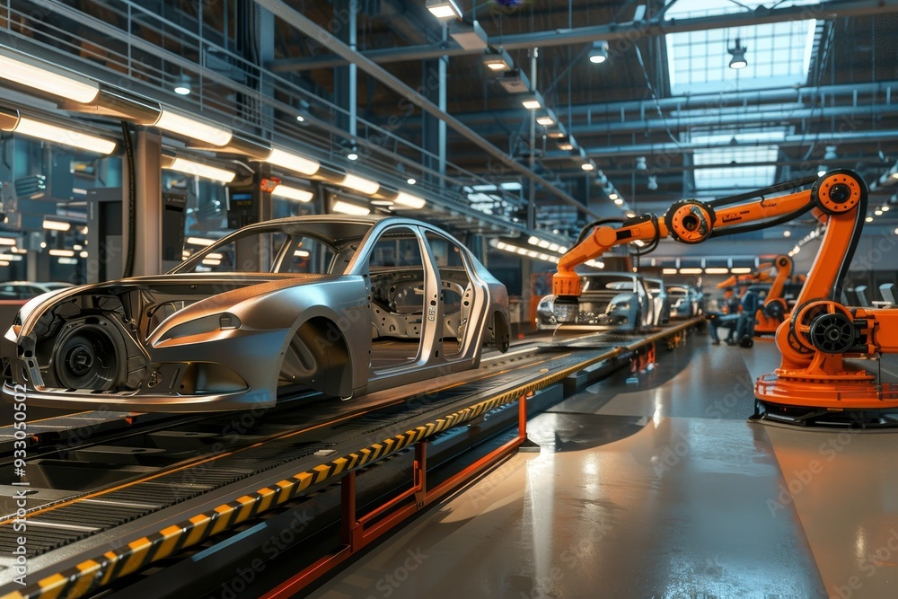 Robotic car assembly line from bare frame to painted vehicle in factory ...